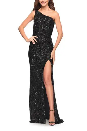 La Femme One-shoulder Sequin Gown With Slit - Black