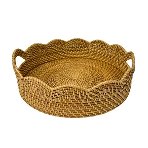 KUBO Lily Round Scalloped Rattan Serving Tray - Natural
