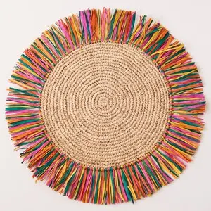 KUBO Pahiyas Woven Raffia Fringe Placemats Multi Rainbowset Of 2 - Natural
