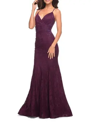 La Femme Lace Gown With Applique Panels - Dark Berry