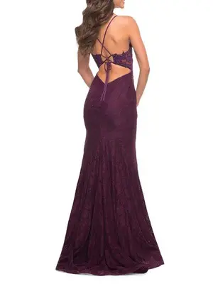 La Femme Lace Gown With Applique Panels - Dark Berry