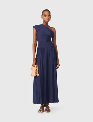 Maje Asymmetrical Pleated Maxi Dress - Navy