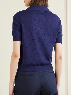 Gucci Perforated Silk And Cotton-blend Polo Top