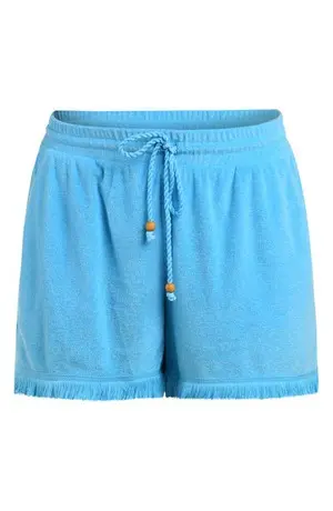 La Blanca Fringe Drawstring Terry Shorts - Sky