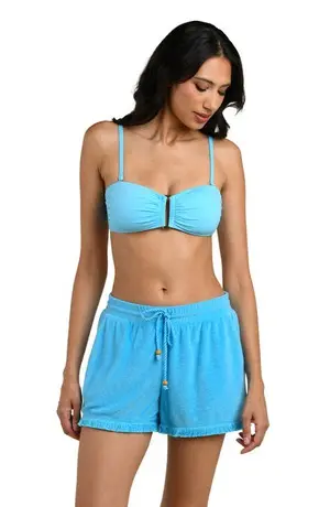 La Blanca Fringe Drawstring Terry Shorts - Sky