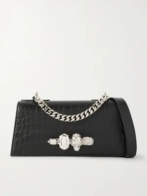 Alexander McQueen Jeweled Satchel Mini Embellished Croc-effect Leather Shoulder Bag - Black