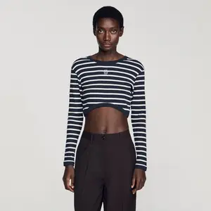 Sandro Cropped Striped Cotton T-shirt