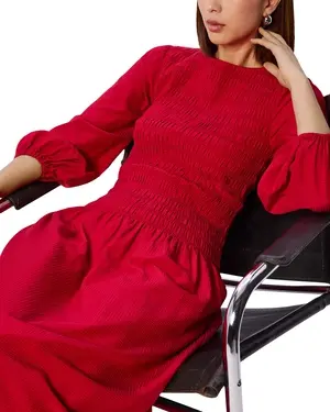 Whistles Smocked Bodice Midi Dress - Red
