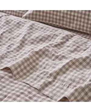 PIGLET IN BED Gingham Linen Blend Flat Sheet, Queen