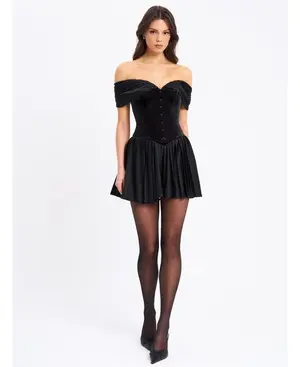 MISS CIRCLE NEW YORK Echo Velvet Off-shoulder Pleated Mini Dress