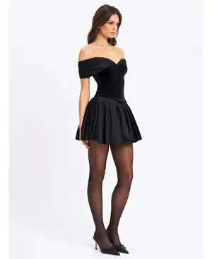 MISS CIRCLE NEW YORK Echo Velvet Off-shoulder Pleated Mini Dress