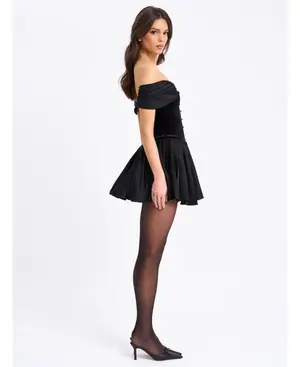 MISS CIRCLE NEW YORK Echo Velvet Off-shoulder Pleated Mini Dress