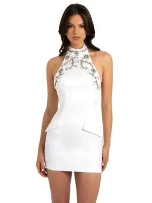 MISS CIRCLE NEW YORK Halter Neck Crystal And Faux Pearl Mini Dress
