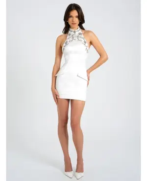 MISS CIRCLE NEW YORK Halter Neck Crystal And Faux Pearl Mini Dress