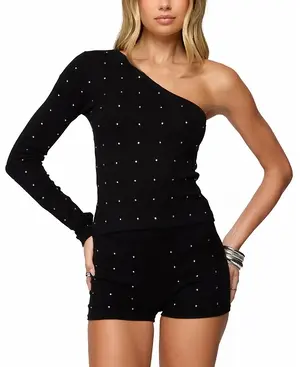 EDIKTED Harley Rhinestone One Shoulder Knit Top