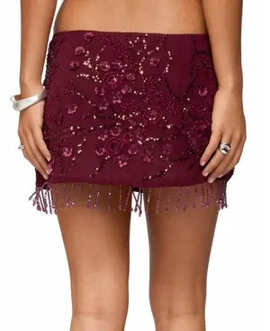 EDIKTED Chiffon Mini Skirt With Sequin, Bead, And Fringed Detail