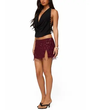 EDIKTED Chiffon Mini Skirt With Sequin, Bead, And Fringed Detail