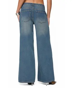 EDIKTED Double Buckle Baggy Jeans - Blue