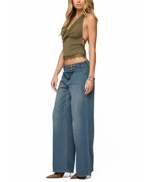 EDIKTED Double Buckle Baggy Jeans - Blue