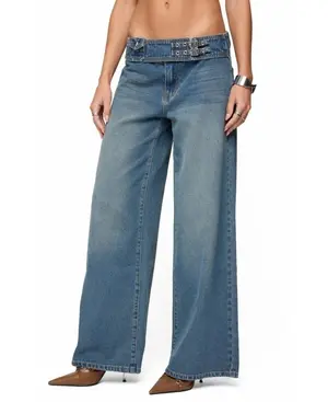 EDIKTED Double Buckle Baggy Jeans - Blue