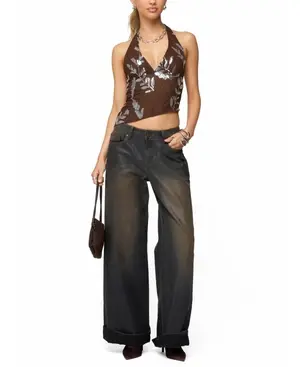 EDIKTED Sequin Asymmetric Mesh Halter Top
