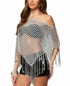 EDIKTED Evette Fringe Open Knit Metallic Poncho