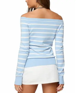 EDIKTED Lori Striped Off Shoulder Sweater - Light-blue