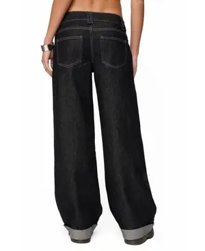 EDIKTED Cuffed Low Rise Straight Leg Jeans - Black-washed