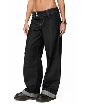 EDIKTED Cuffed Low Rise Straight Leg Jeans - Black-washed