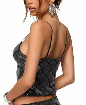 EDIKTED Stajie Diamond Sequin Cut Out Top