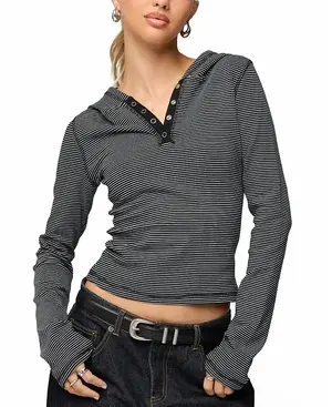 EDIKTED Striped Hooded Henley Top