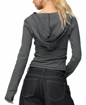 EDIKTED Striped Hooded Henley Top