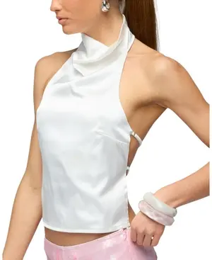 EDIKTED Satin Effect Backless Cowl Neck Top - Cream