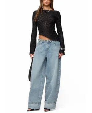 EDIKTED Mare Asymmetric Gem Sheer Lace Top - Black