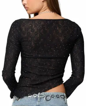 EDIKTED Mare Asymmetric Gem Sheer Lace Top - Black