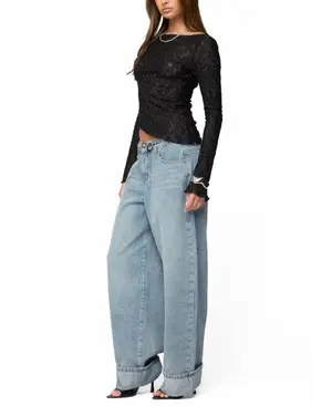EDIKTED Mare Asymmetric Gem Sheer Lace Top - Black