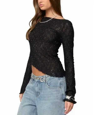 EDIKTED Mare Asymmetric Gem Sheer Lace Top - Black