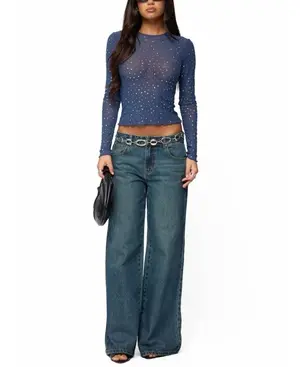 EDIKTED Rhinestone Mesh Top