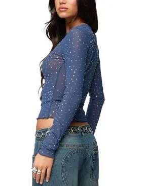 EDIKTED Rhinestone Mesh Top
