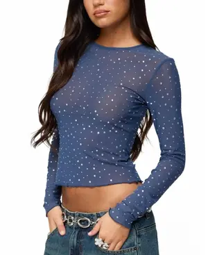 EDIKTED Rhinestone Mesh Top