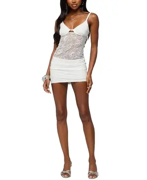 EDIKTED Rhinestone Sheer Lace Mini Dress - White