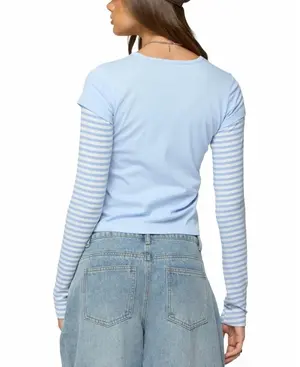EDIKTED Stripey Layered Long Sleeve T-shirt - Light-blue