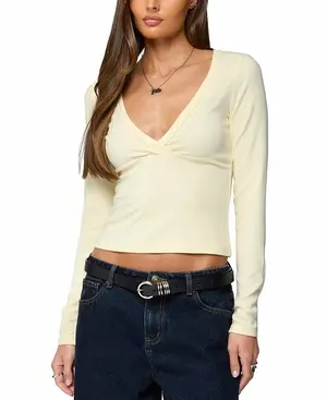 EDIKTED Doron V-neck Long Sleeve Top - Yellow
