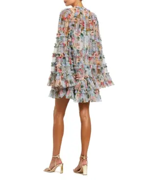 Mac Duggal Printed Mesh Ruffle Mini Dress - Blue Multi