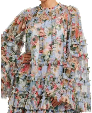 Mac Duggal Printed Mesh Ruffle Mini Dress - Blue Multi