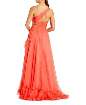 Mac Duggal One Shoulder Asymmetrical Ruffle Gown