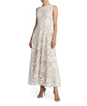 Mac Duggal Floral Embroidered High Neck Midi Dress - Ivory Nude