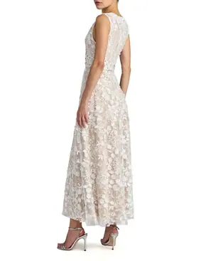 Mac Duggal Floral Embroidered High Neck Midi Dress - Ivory Nude