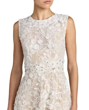 Mac Duggal Floral Embroidered High Neck Midi Dress - Ivory Nude
