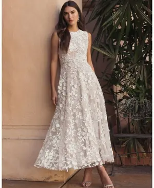 Mac Duggal Floral Embroidered High Neck Midi Dress - Ivory Nude